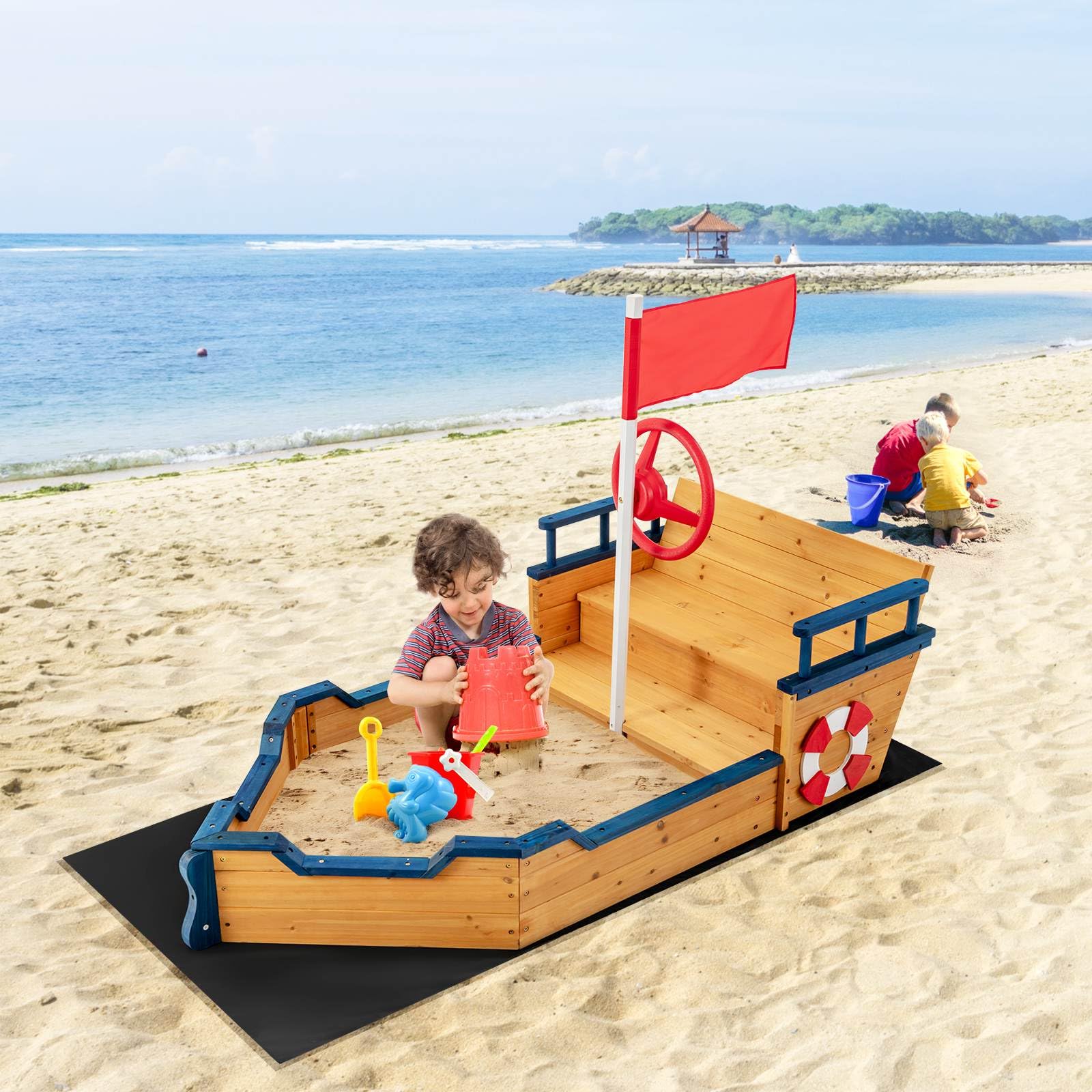 HONEY JOY Wooden Kids Sandbox Outdoor Play Sandpit Toy w/2-in-1 Storag ...