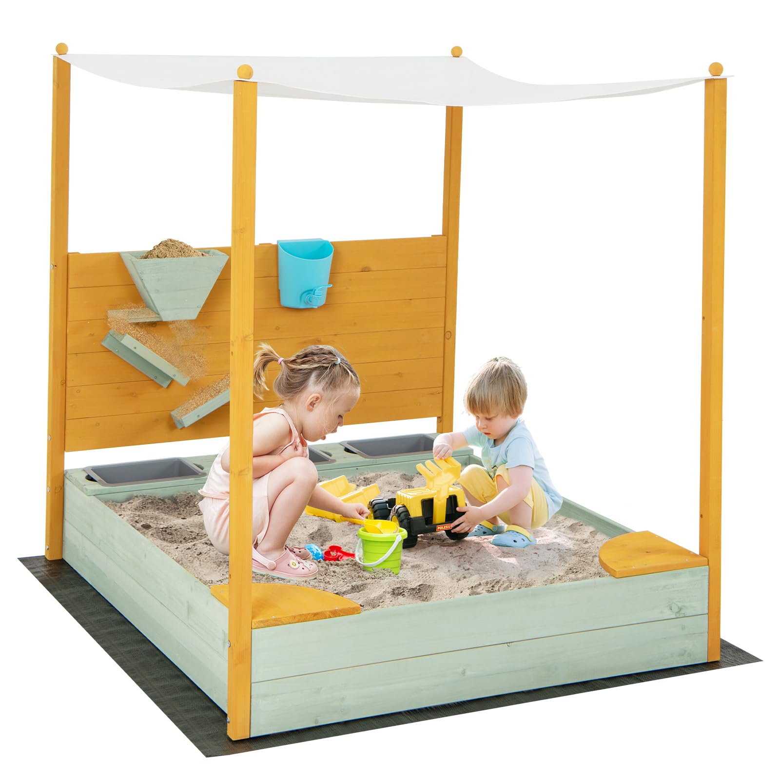 HONEY JOY Kids Sandbox with Sand Wall, Wooden Sandpit for 3-8 Years w ...