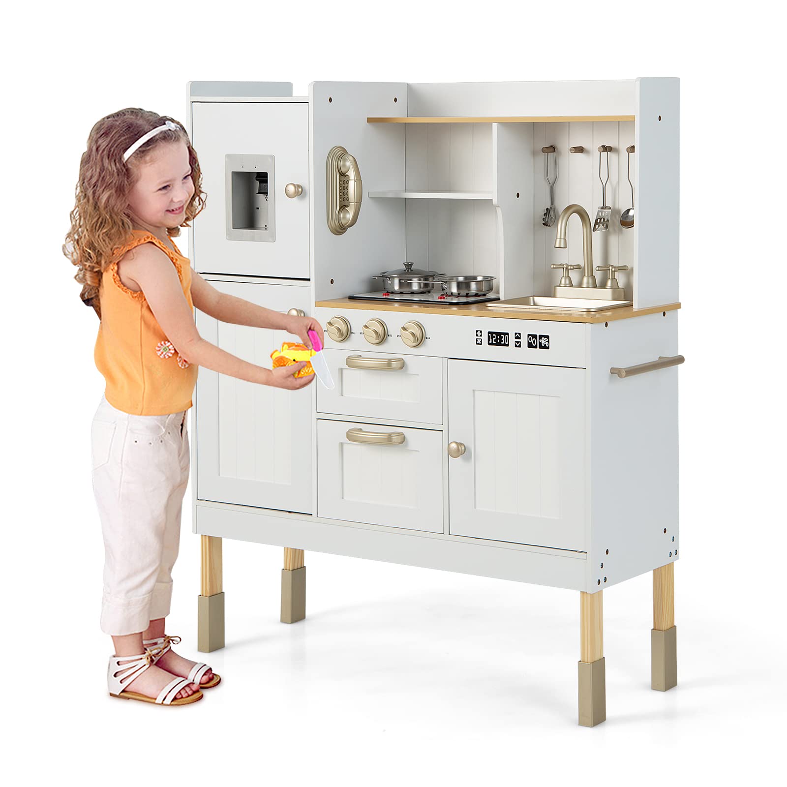 INFANS Kid Kitchen Playset Toddler Wooden Pretend Cooking Set with Rea ...